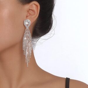 Denifery Teardrop Crystal Chandelier Earrings Long Tassels Dangle Earrings Sparkling Rhinestone Ladies Gifts Statement Earrings Bridal Wedding Jewelry (Silver)