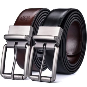 beltox men's genuine leather reversible belt 1.25” rotate brushed roller buckle gift box(black coffee with brushed roller buckle,34-36)