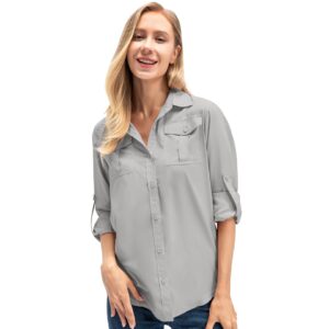 women's quick dry sun uv protection convertible long sleeve safari shirts for hiking camping fishing sailing#5070 light grey,l