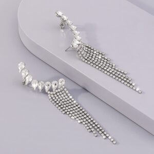 Denifery Long Tassel Dangle Earring Geometry Rhinestone Earrings Sparkling Crystal Drop Earrings for Women Girls (Silver)