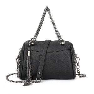 chikencall women black rivet handbag and purse pu leather shoulder bag satchel with chain strap and metal tassel pendant