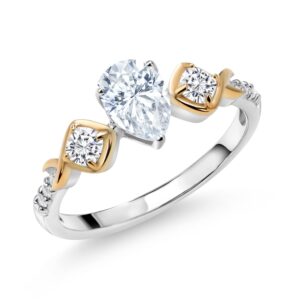 gem stone king 925 sterling silver and 10k yellow gold white moissanite and white lab grown diamond women engagement ring (0.98 cttw, available in size 5, 6, 7, 8, 9)