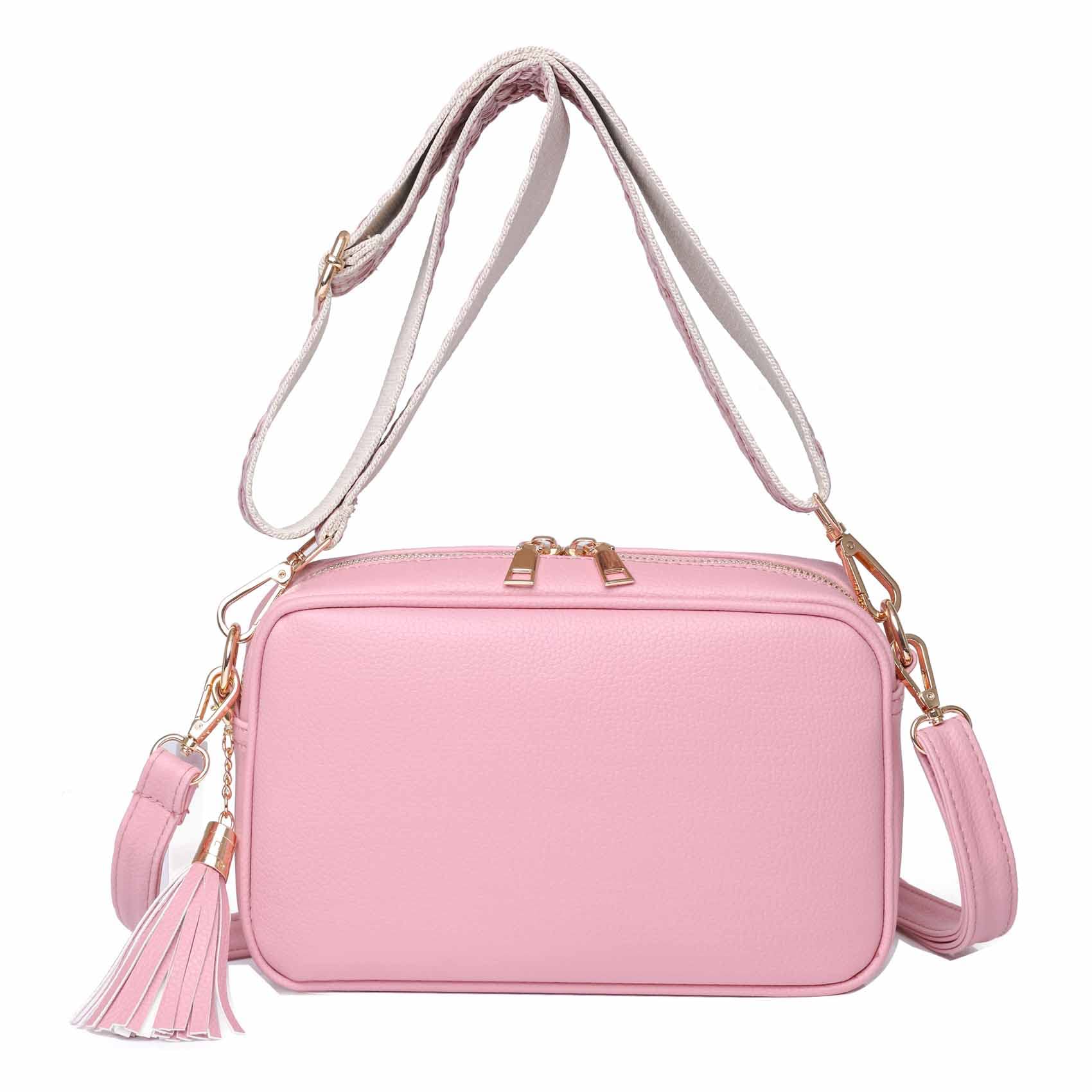 Baolab Slim Crossbody Bag with 2 Removable Shoulder Straps for Women Ladies Small Satchel Handbag Fashion Chic PU Leather (Pink)