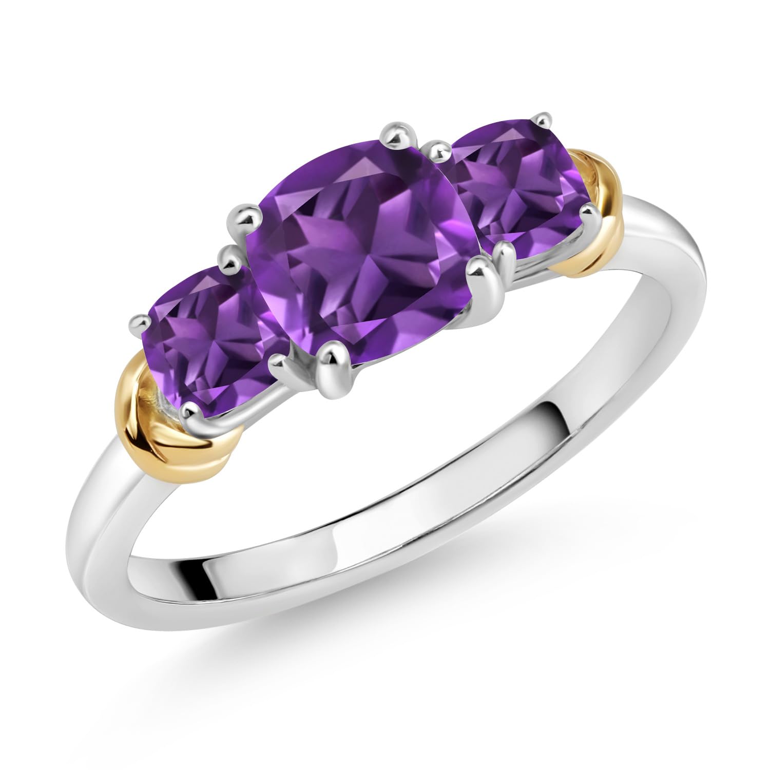 Gem Stone King 925 Sterling Silver and 10K Yellow Gold Purple Amethyst 3 Stone Engagement Ring For Women (1.55 Cttw, Cushion Cut 6MM and 4MM, Available In Size 5, 6, 7, 8, 9)