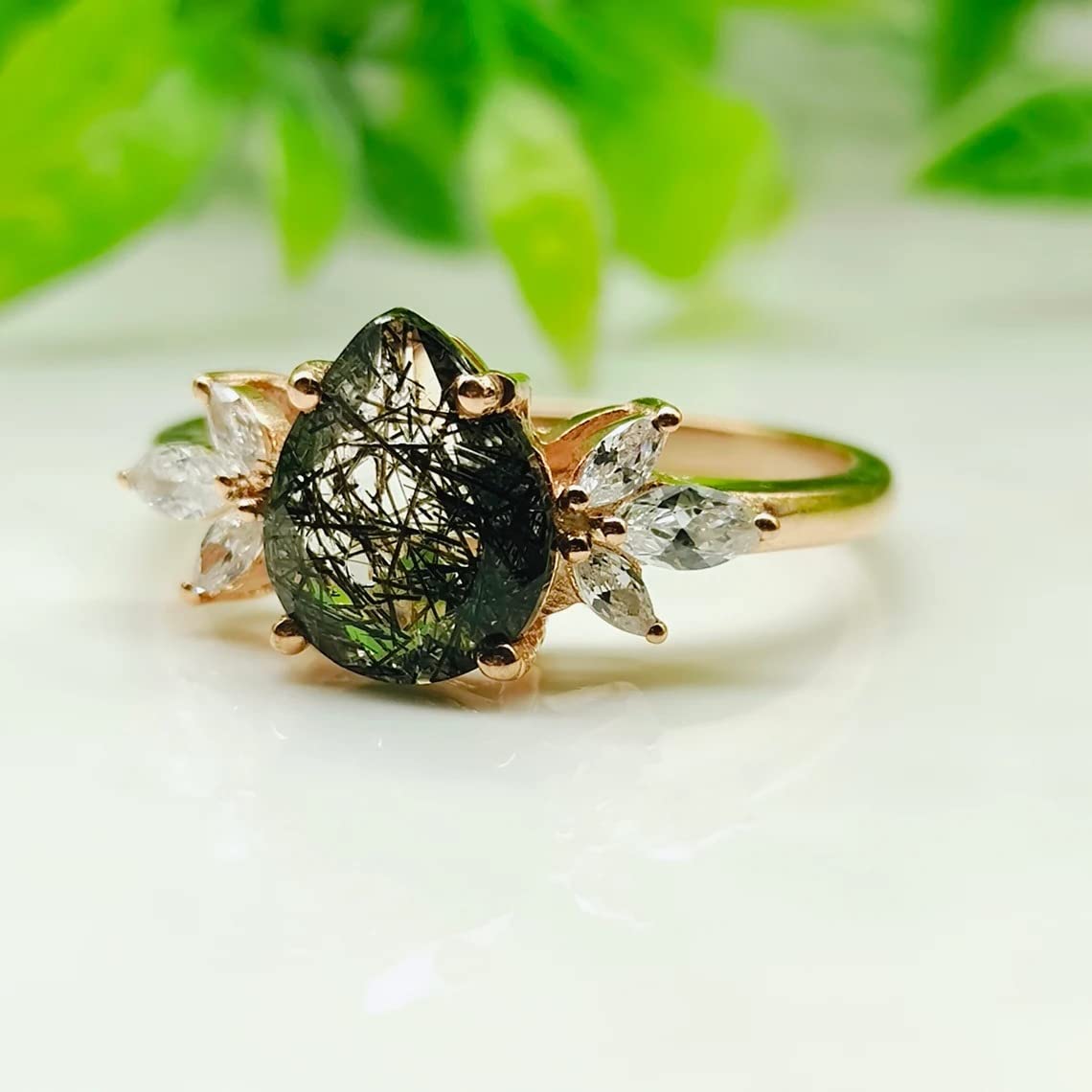 Rings For Women Natural Black Rutilated Quartz Ring-Salt And Pepper Diamond Ring-Pear Shaped Black Quartz Ring Beautiful Gift Wedding Ring BY FOREVER GEMS & JEWELS, Rose Gold,White,Silver