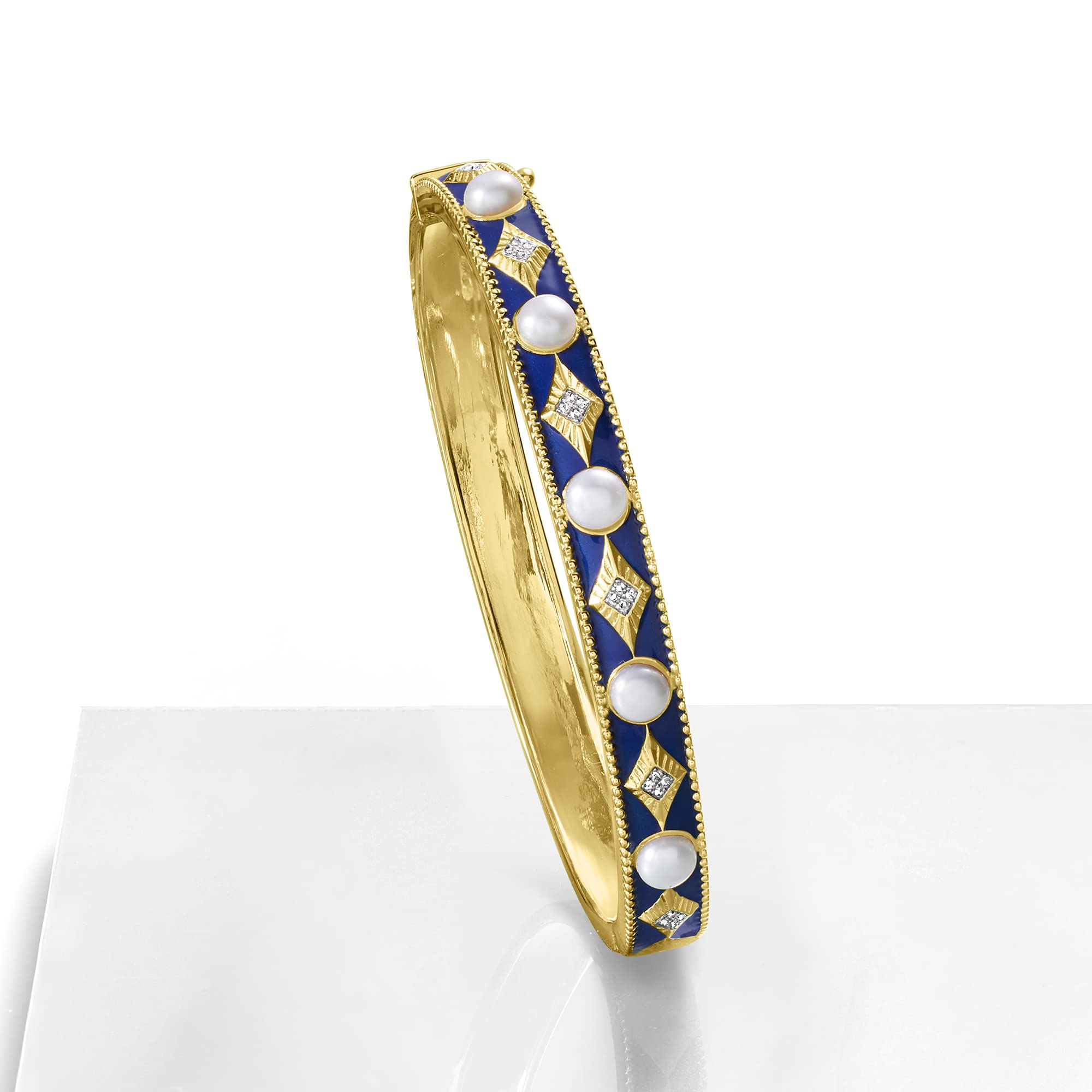 Ross-Simons 4.5-5mm Cultured Pearl Bangle Bracelet With Diamond Accents and Blue Enamel in 18kt Gold Over Sterling. 8 inches