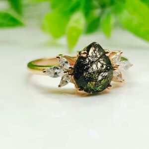 Rings For Women Natural Black Rutilated Quartz Ring-Salt And Pepper Diamond Ring-Pear Shaped Black Quartz Ring Beautiful Gift Wedding Ring BY FOREVER GEMS & JEWELS, Rose Gold,White,Silver