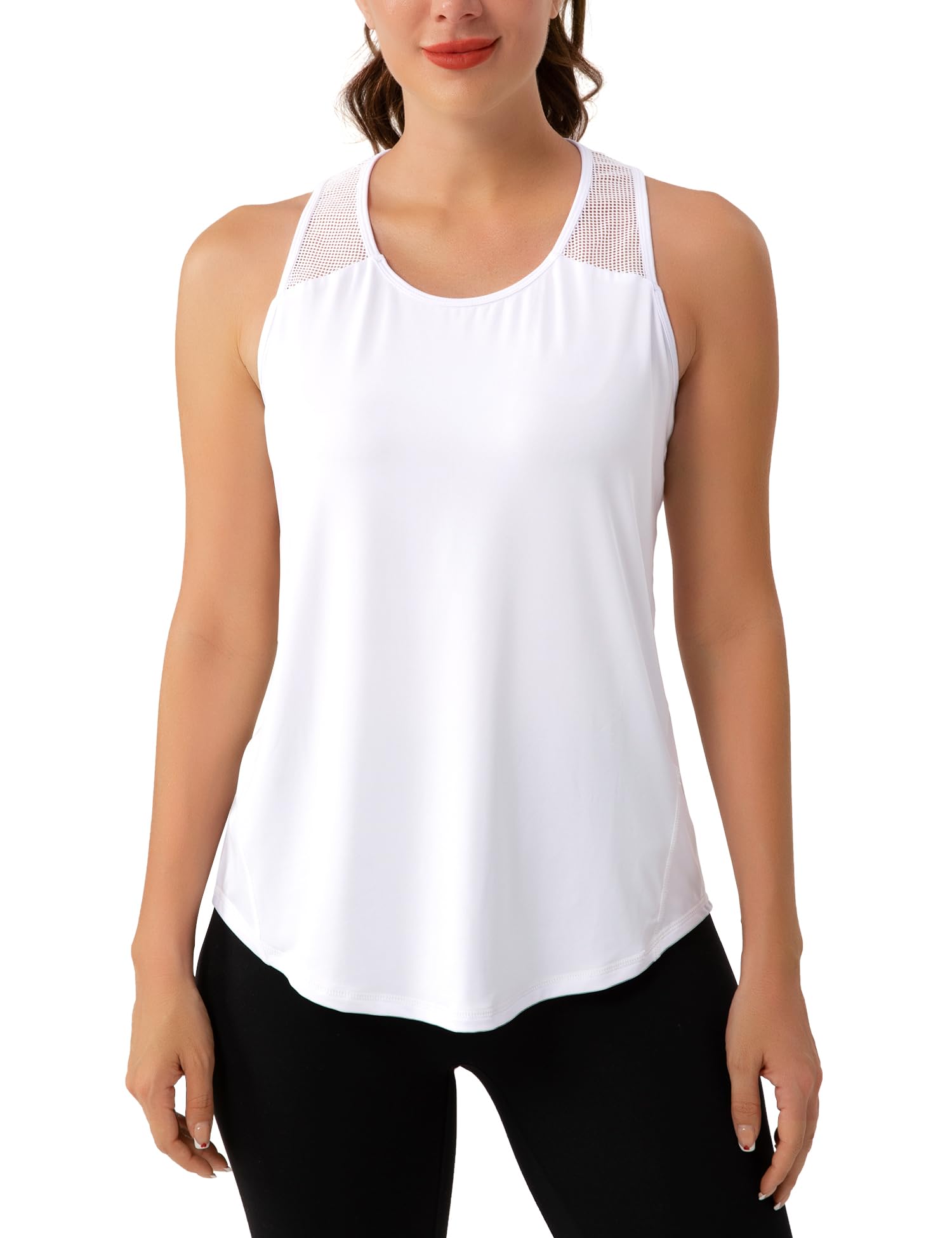 Aeuui Womens Workout Tops Mesh Racerback Tank Tops Sleeveless Yoga Athletic Running Shirts Gym Clothes for Women White