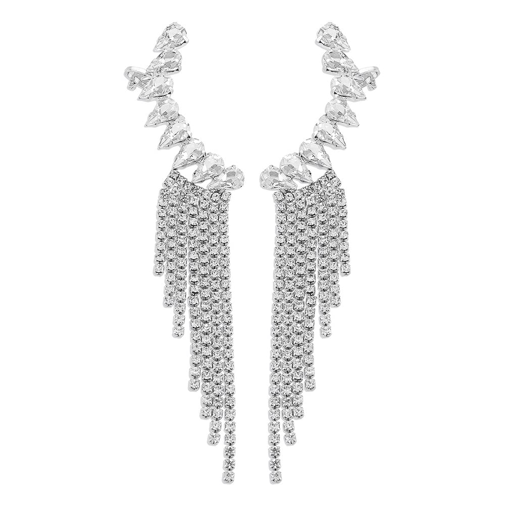 Denifery Long Tassel Dangle Earring Geometry Rhinestone Earrings Sparkling Crystal Drop Earrings for Women Girls (Silver)