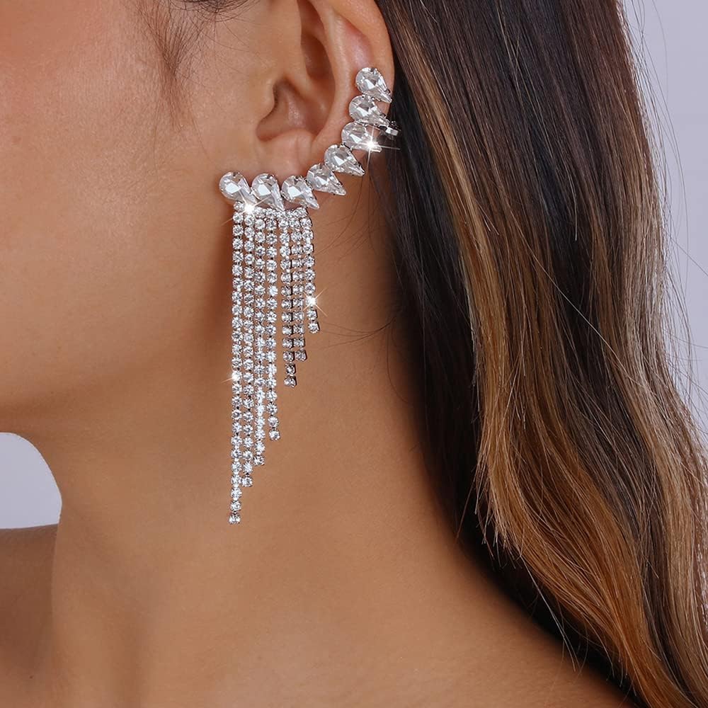 Denifery Long Tassel Dangle Earring Geometry Rhinestone Earrings Sparkling Crystal Drop Earrings for Women Girls (Silver)