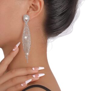 denifery teardrop crystal chandelier earrings long tassels dangle earrings sparkling rhinestone ladies gifts statement earrings bridal wedding jewelry (silver)