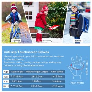 EEFOW Winter Waterproof Touchscreen Kids Gloves: Warm Lightweight Sport Snow Grip Wool Mitten for Age 10-12 Years Boys & Girls Youth Big Children for Ski Cycling Football Riding Soccer