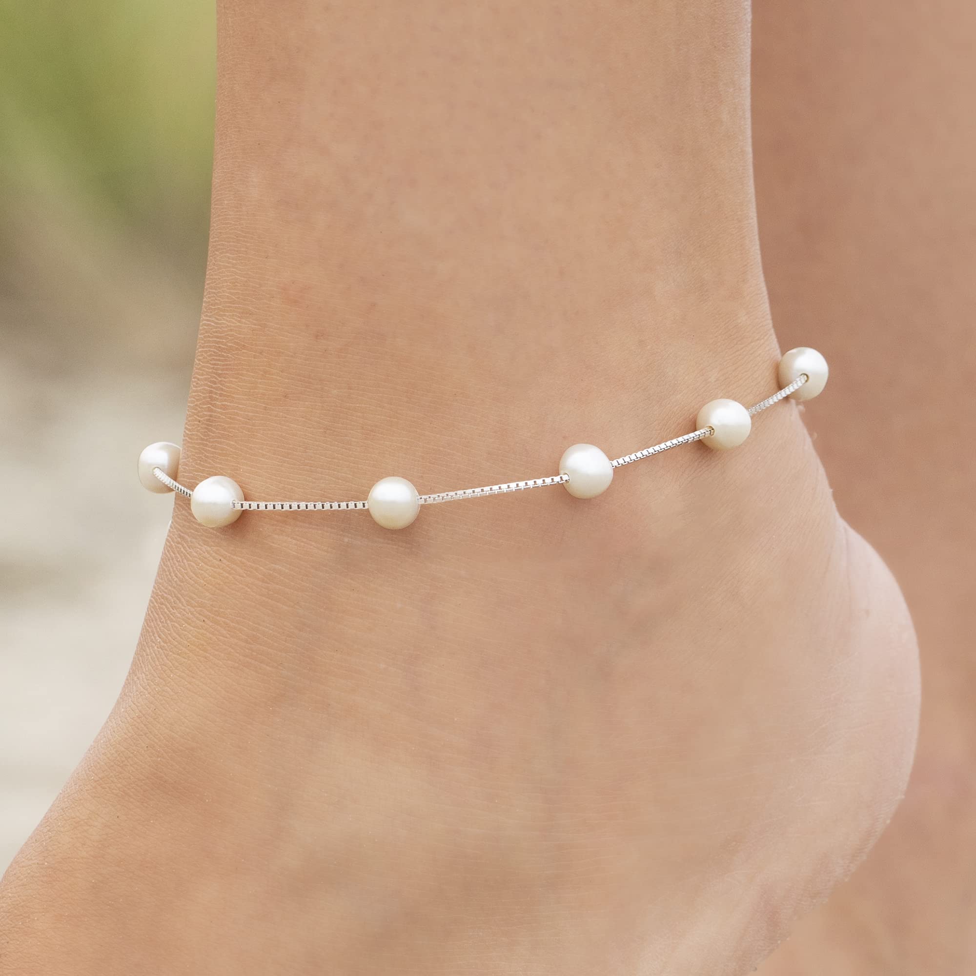 Ross-Simons 7-7.5mm Cultured Pearl Station Anklet in Sterling Silver. 10 inches