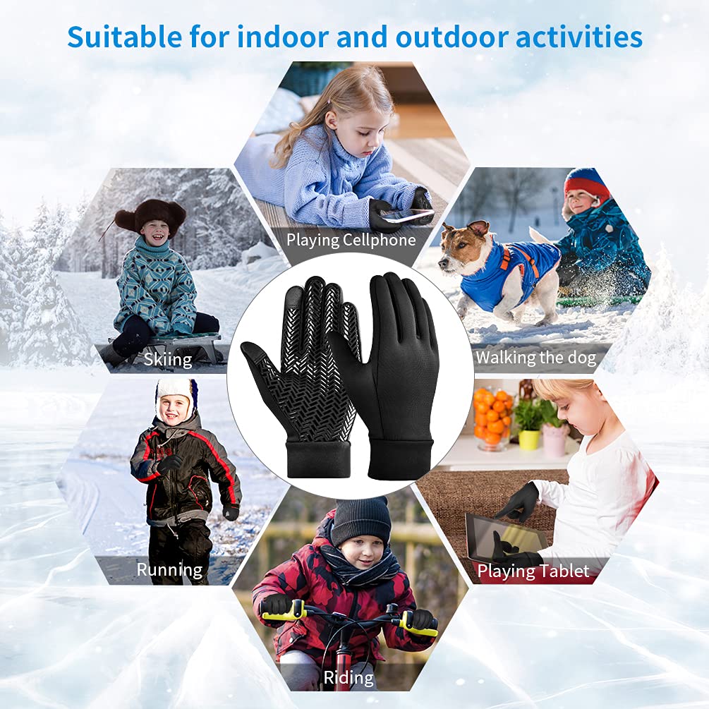 EEFOW Winter Waterproof Touchscreen Kids Gloves: Warm Lightweight Sport Snow Grip Wool Mitten for Age 10-12 Years Boys & Girls Youth Big Children for Ski Cycling Football Riding Soccer