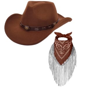 cowboy hat with fringed bandana set for women wide brim western cowgirl hat paisley head wrap scarf (coffee)