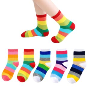 marchare girls seamless crew cotton socks kids casual socks school socks rainbow stripes color a 5 pack 6-8 years