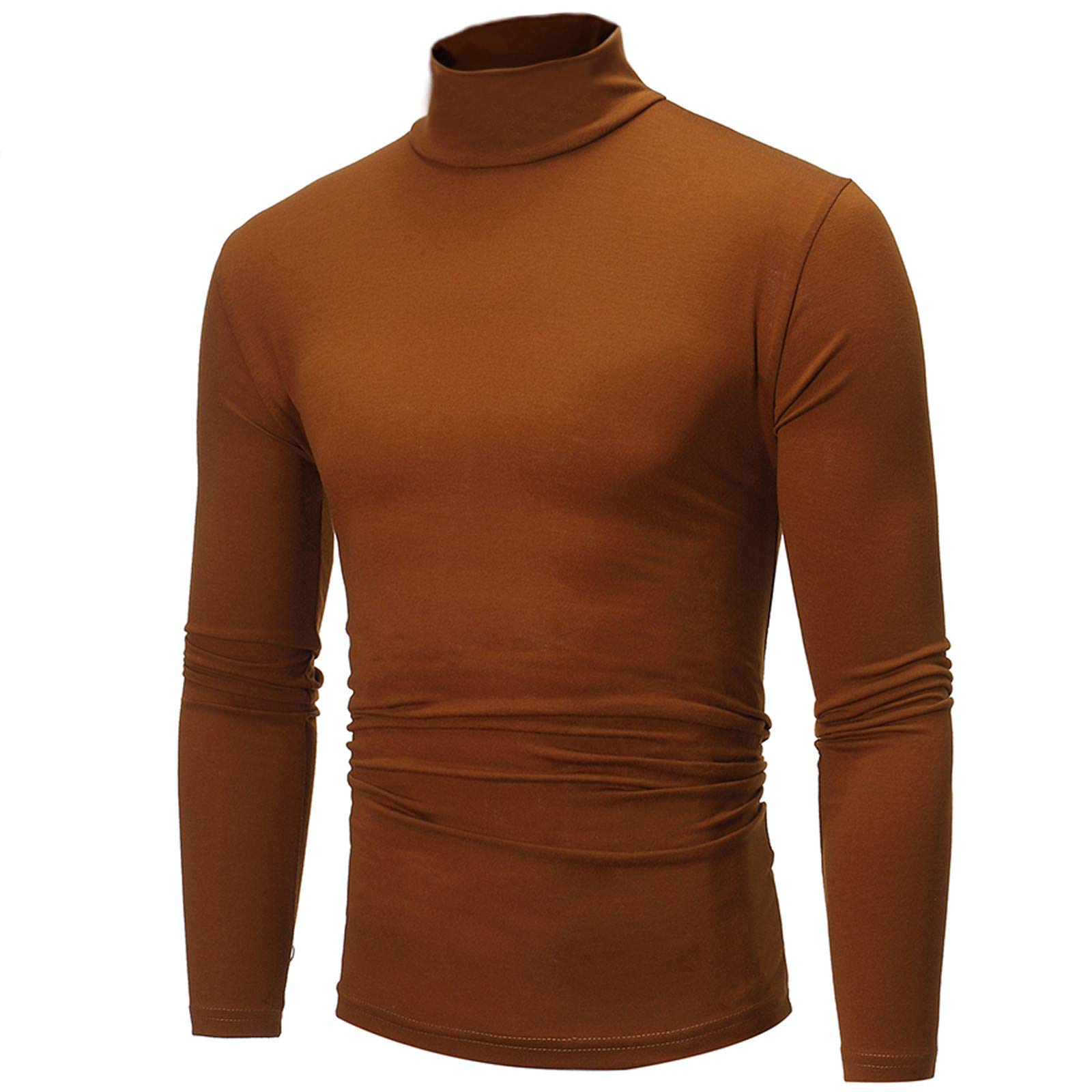 Turtleneck Compression Top for Men,Long Sleeve Basic Solid Undershirt Stretch Slim Fit Workout T-Shirt Fall Winter(Coffee,3X-Large)