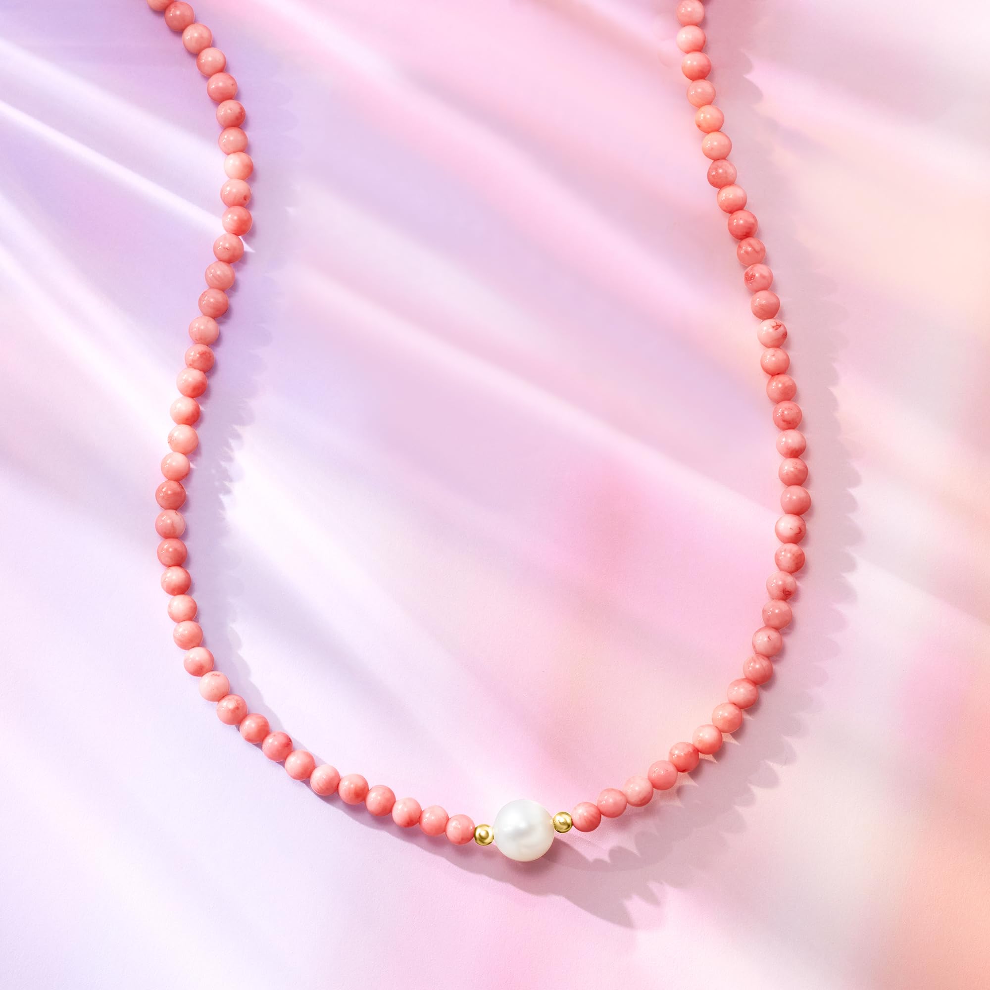 Ross-Simons 4mm Pink Coral Bead and 8.5-9mm Cultured Pearl Necklace With 18kt Gold Over Sterling. 18 inches