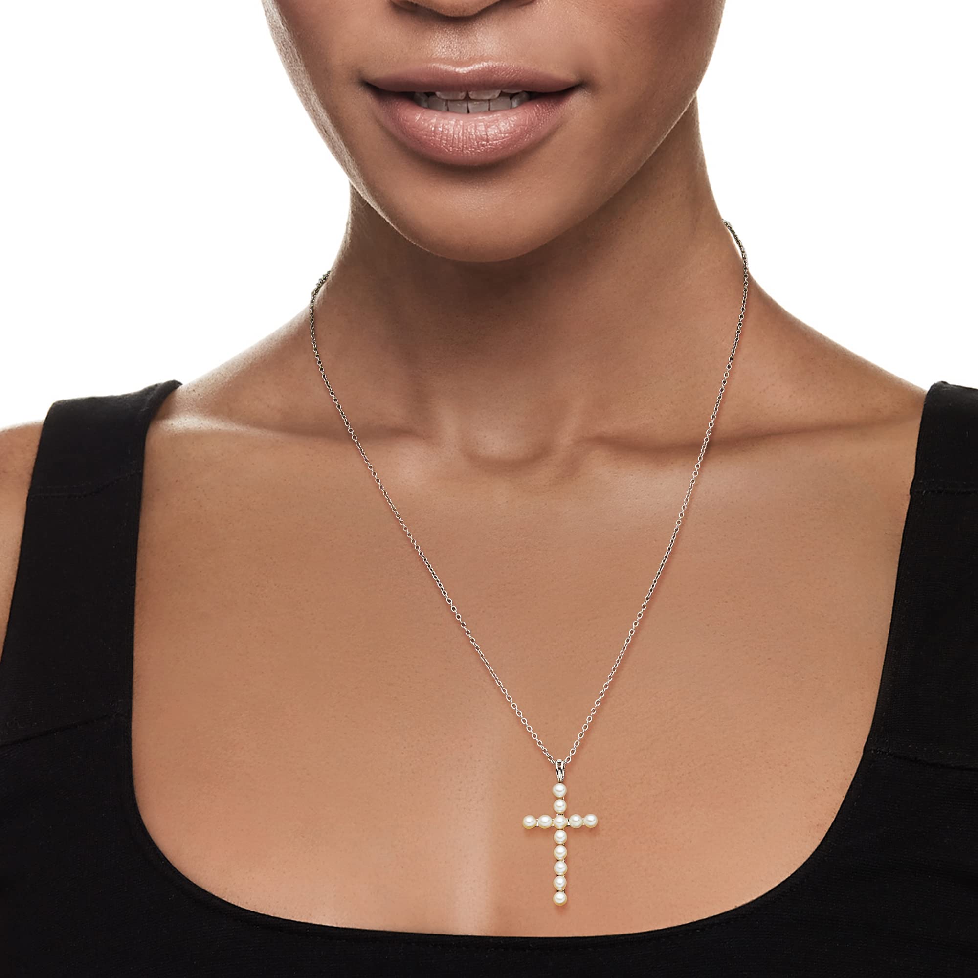 Ross-Simons 3.5-4mm Cultured Pearl Cross Pendant Necklace in Sterling Silver. 18 inches