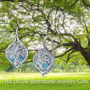 WINNICACA Tree of Life Birthstone Leverback Earrings Sterling Silver March Birthstone Jewelry for Women Teens Tree of Life Blue Topaz Crystal Birthstone Jewelry Gifts for Birthday