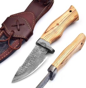 huntex smith 9.15” hunting knife, handmade damascus hunting knives with leather sheath non-slip grip,balanced & lightweight fixed blade knife, ideal for outdoor,indoor skinning,survival,camping,bushcraft knife, ideal gift(ash-wood)