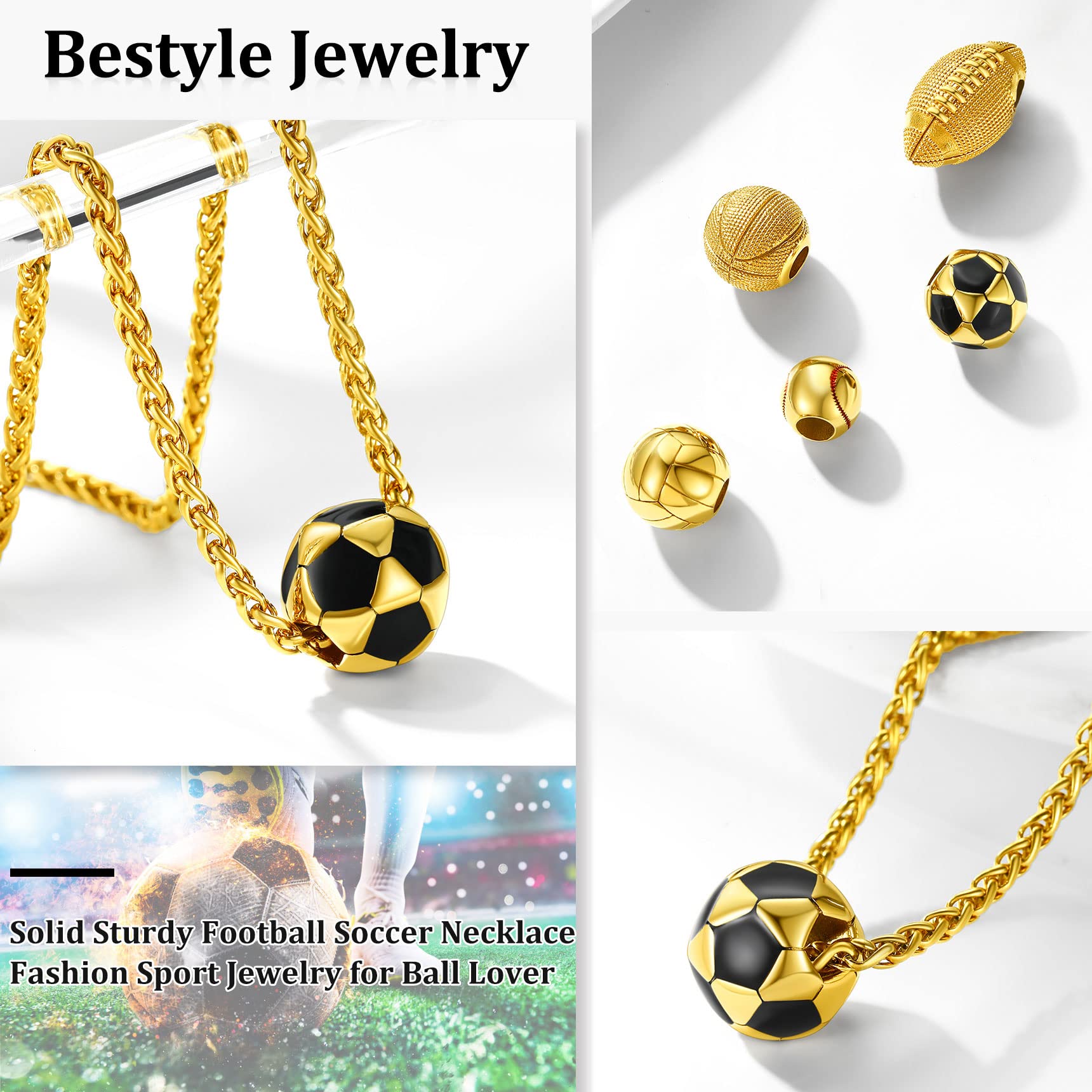 Bestyle 18K Gold Plated Soccer Football Pendant Necklaces Stainless Steel Sport Chain Trendy Women Men Sport Fan Jewelry Gift Soccer Charm Necklace for Football League/World Cup