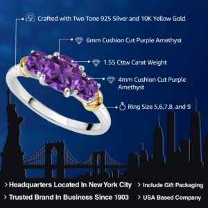 Gem Stone King 925 Sterling Silver and 10K Yellow Gold Purple Amethyst 3 Stone Engagement Ring For Women (1.55 Cttw, Cushion Cut 6MM and 4MM, Available In Size 5, 6, 7, 8, 9)