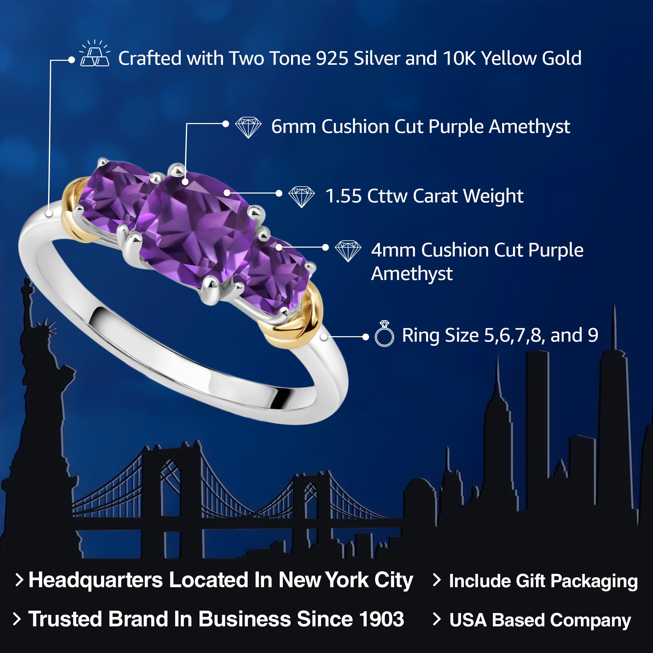 Gem Stone King 925 Sterling Silver and 10K Yellow Gold Purple Amethyst 3 Stone Engagement Ring For Women (1.55 Cttw, Cushion Cut 6MM and 4MM, Available In Size 5, 6, 7, 8, 9)