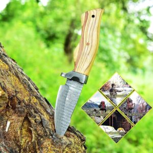 Huntex Smith 9.15” Hunting Knife, Handmade Damascus hunting knives with Leather Sheath Non-Slip Grip,Balanced & Lightweight fixed blade knife, Ideal for outdoor,indoor Skinning,Survival,Camping,Bushcraft Knife, Ideal Gift(Ash-Wood)