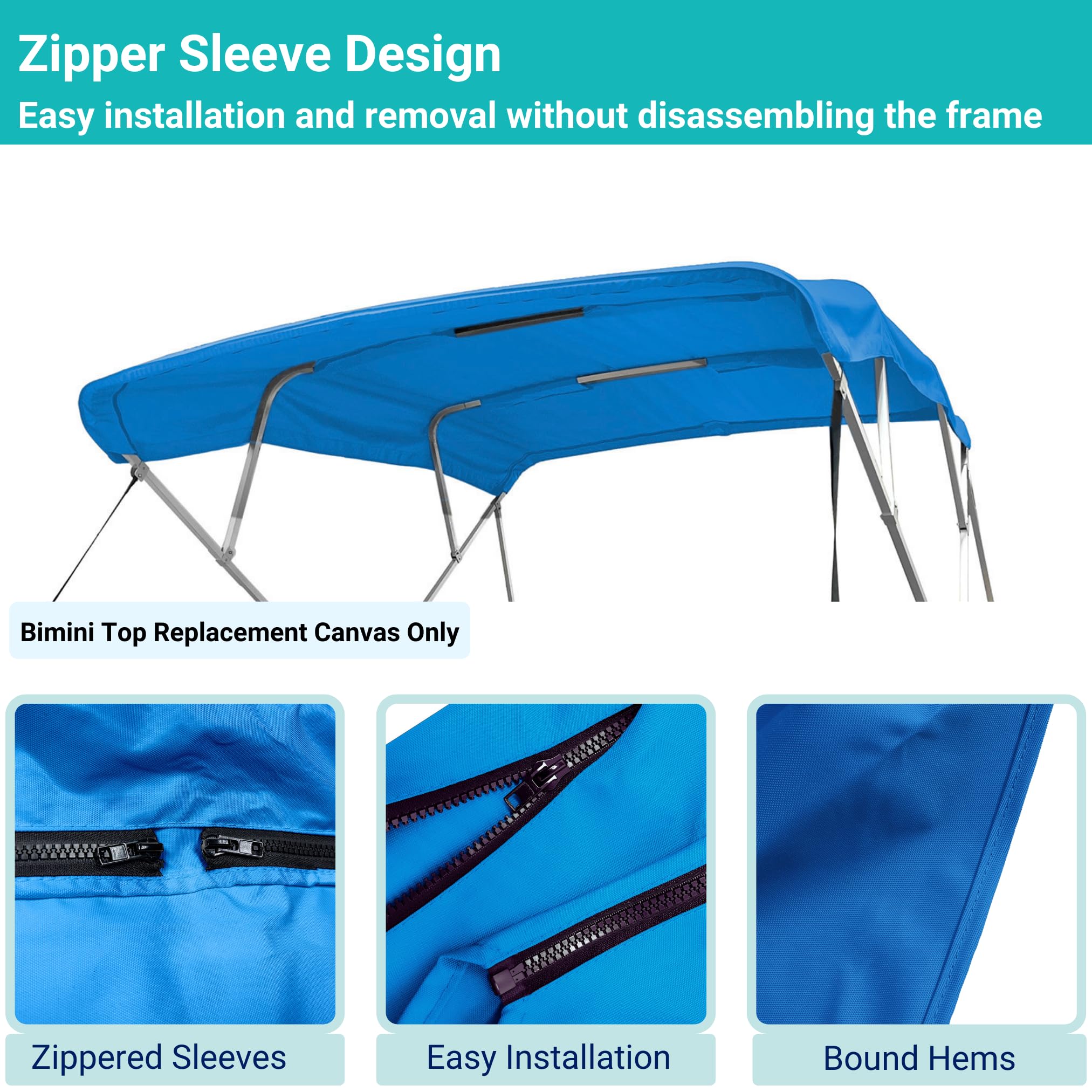 SavvyCraft 4 Bow Bimini Top Replacement Cover 10 Feet Long, Durable Marine Grade Canvas Sun Shade Boat Canopy, Easy Install Zipper Sleeves, 4 Bow 120 inches Long, 97-103 inches Wide, Blue Color