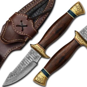 huntex smith 9.15” hunting knife, handmade damascus hunting knives with sheath non-slip grip,balanced fixed blade,best for outdoor,indoor skinning,survival ideal gift (brass guards)