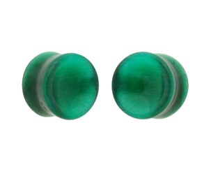 mystic metals body jewelry pair of emerald green cat eye stone double flare concave plugs (stn-671) (00g (10mm))