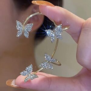 jumwrit rhinestone butterfly ear cuffs non piercing ear clips ear cuffs climber crawler earrings ear wrap around earrings for women and girls（gold）