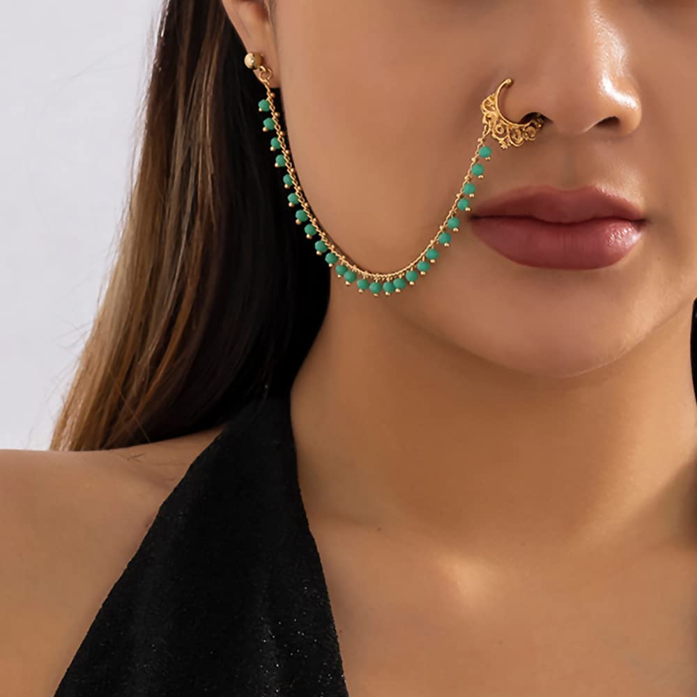 Denifery Bead Nose Rings Hoop Chain Fake Septum Ring Non Piercing Nose Rings with Chain Nose to Ear Chain Nose Ring Body Jewelry for Women (Green)