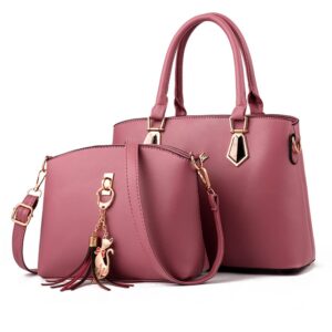 chikencall women top-handle purses leather 2pcs set totes handbag satchel shoulder bag for ladies with tassel and cat pendant