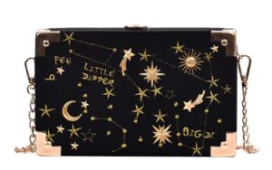 handafa elegant velvet clutch handbag star and moon evening bag chain box bag for wedding party(black)