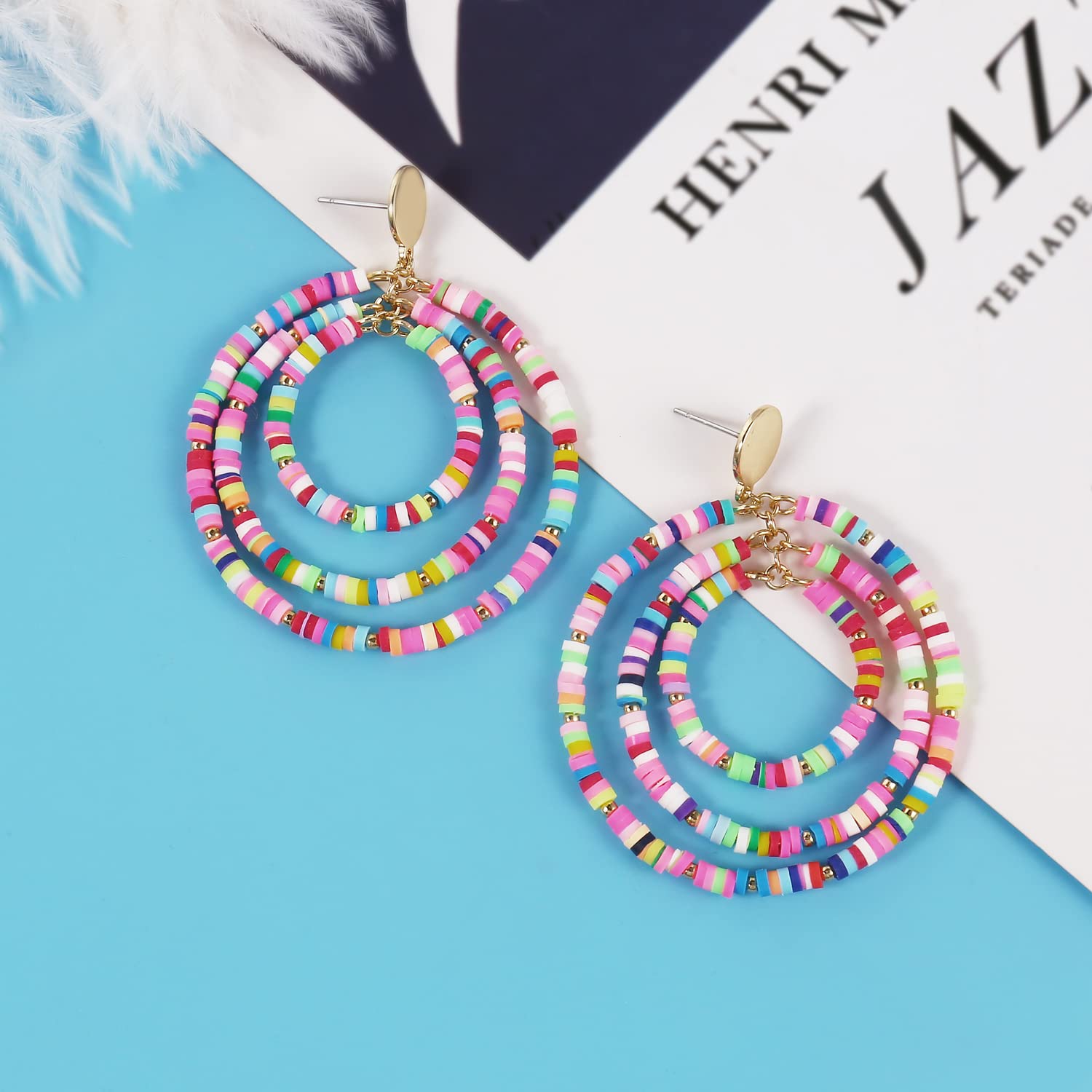 Colorful Beaded Drop Earrings For Women Clay Heishi Statement Summer Beach Dangle Boho Earring