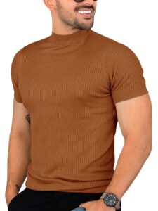 mens casual slim fit basic tops short sleeve shirt turtleneck t shirts rib knitted stretch pullover sweater