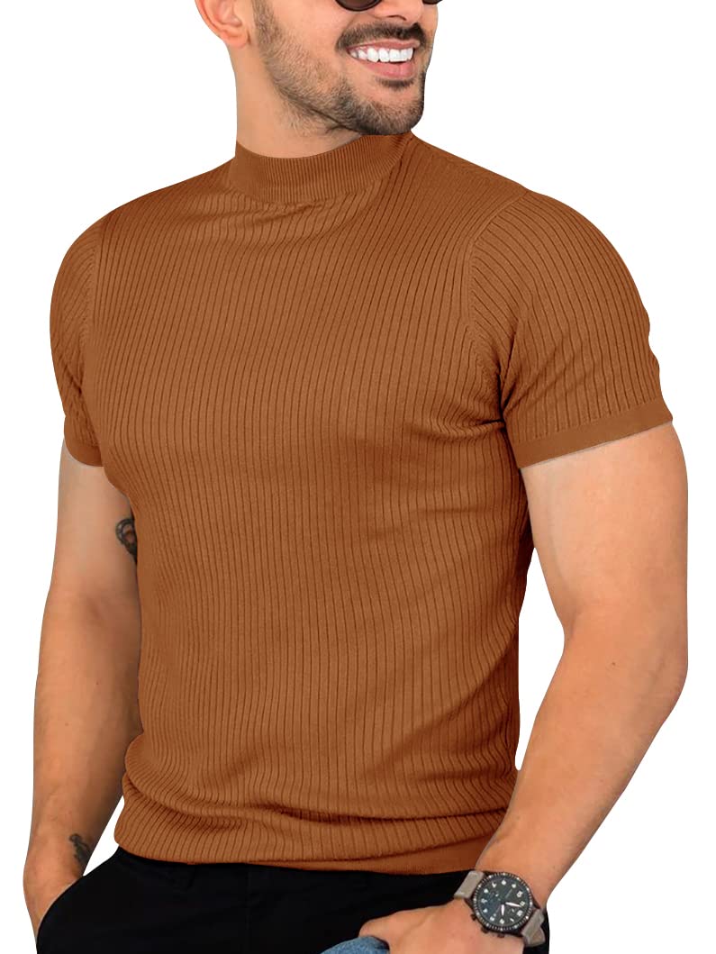 Mens Casual Slim Fit Basic Tops Short Sleeve Shirt Turtleneck T Shirts Rib Knitted Stretch Pullover Sweater