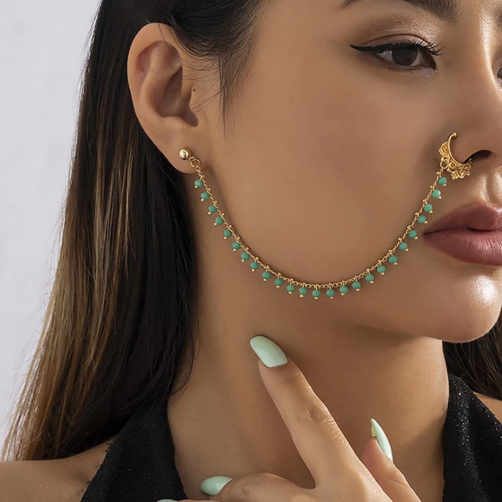 Denifery Bead Nose Rings Hoop Chain Fake Septum Ring Non Piercing Nose Rings with Chain Nose to Ear Chain Nose Ring Body Jewelry for Women (Green)