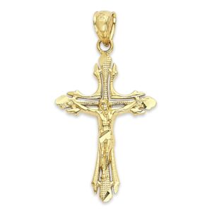 solid 10k gold crucifix necklace pendant - cross charm, intricate christian religious jewelry for men and women