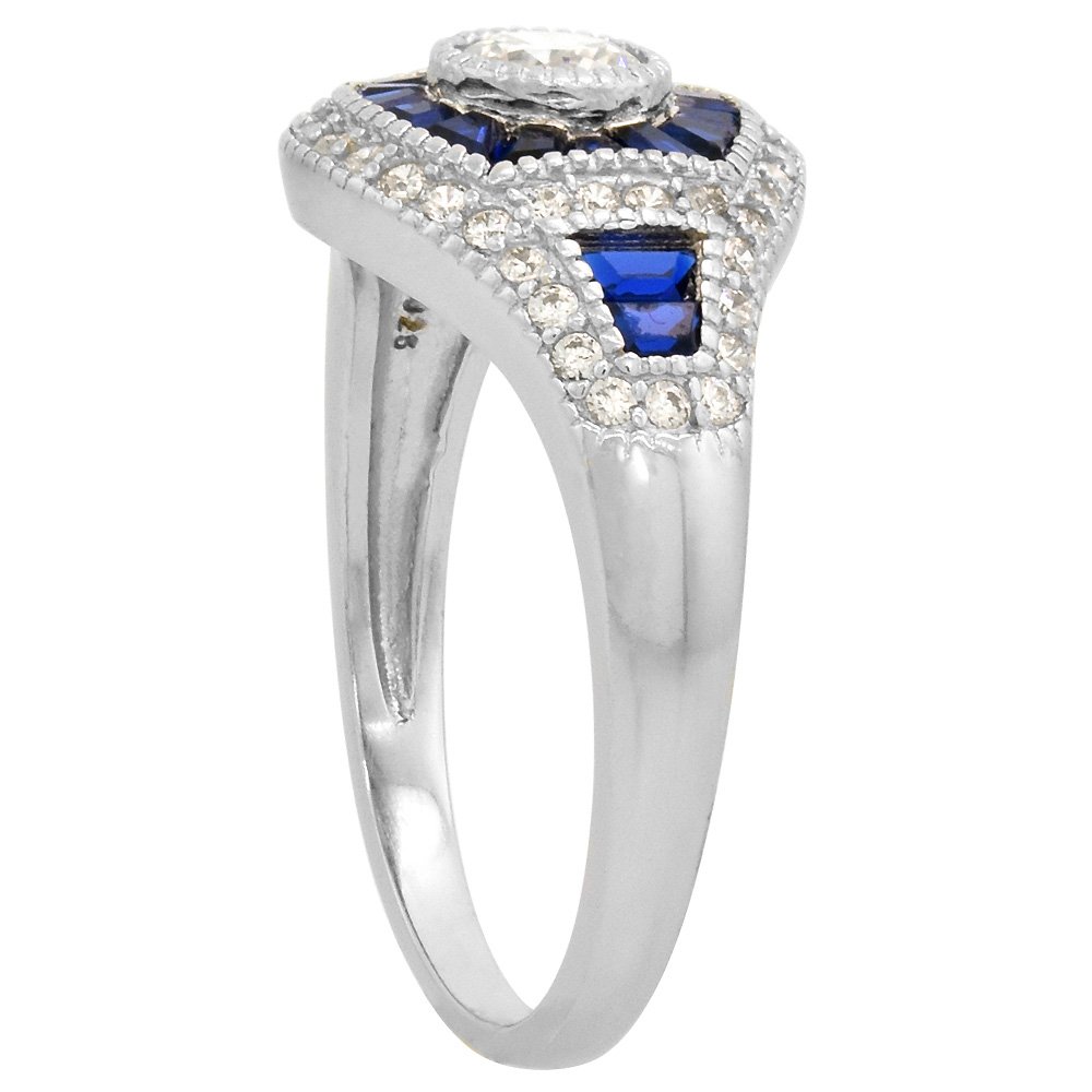 Sterling Silver Art Deco Ring Round CZ 5mm Synthetic Baguette Blue Sapphires 1/2 inch wide size 9