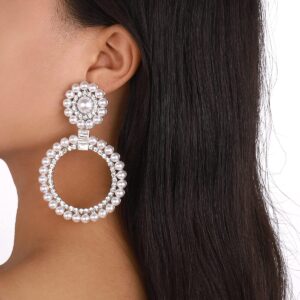 jumwrit pearl hoop earrings big circle dangle drop earrings rhinestone round stud earrings statement pearl earrings for women girls（silver）