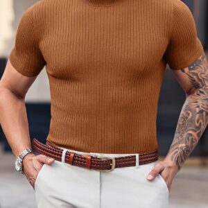 Mens Casual Slim Fit Basic Tops Short Sleeve Shirt Turtleneck T Shirts Rib Knitted Stretch Pullover Sweater