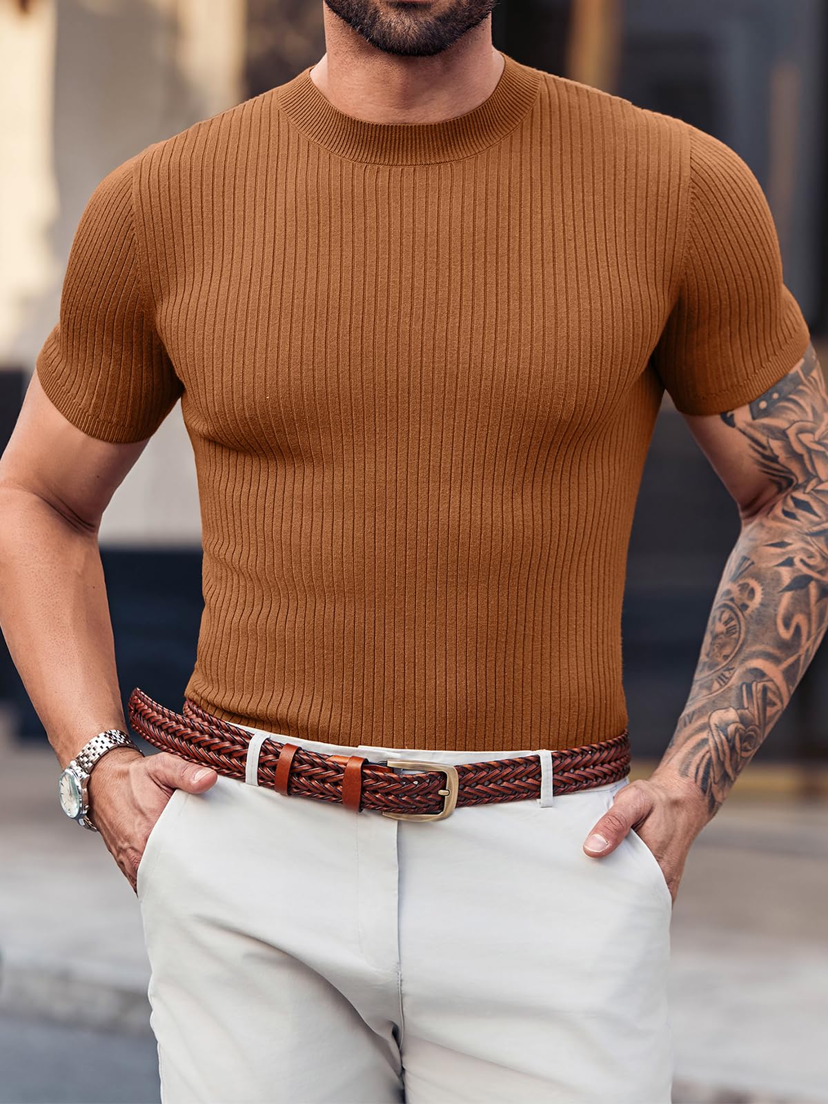 Mens Casual Slim Fit Basic Tops Short Sleeve Shirt Turtleneck T Shirts Rib Knitted Stretch Pullover Sweater