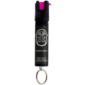 police magnum compact pepper spray self defense- strong built-in keychain holder- made in the usa- 1 pack 3/4oz hot pink twist lock keyring