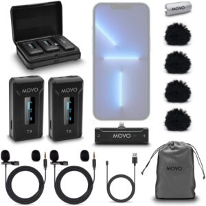 movo wmx-2-l-duo wireless microphone for iphone with charging case, lightning connector, 328ft range, 7hr battery life