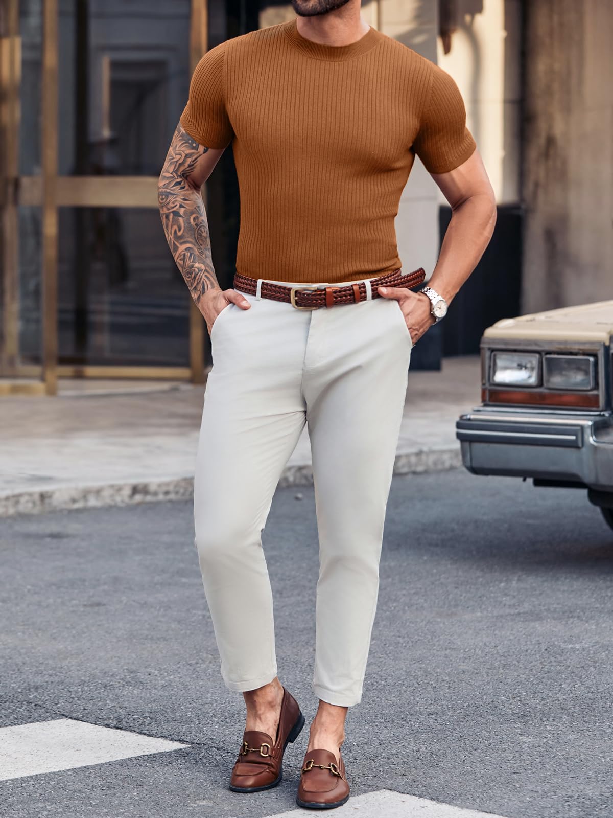 Mens Casual Slim Fit Basic Tops Short Sleeve Shirt Turtleneck T Shirts Rib Knitted Stretch Pullover Sweater