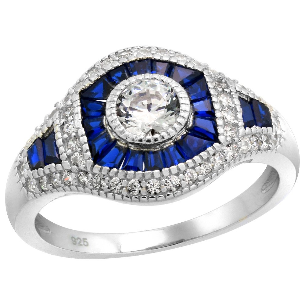 Sterling Silver Art Deco Ring Round CZ 5mm Synthetic Baguette Blue Sapphires 1/2 inch wide size 9