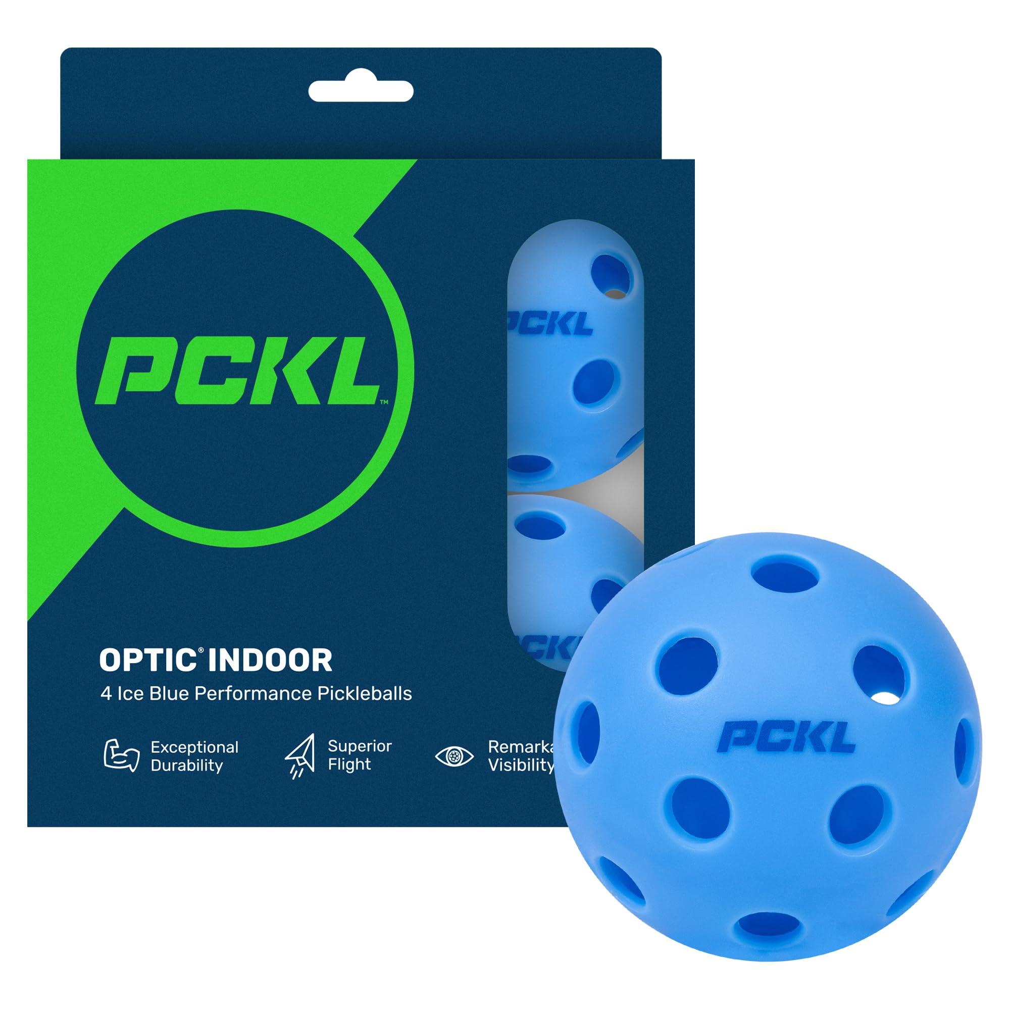 PCKL Optic Speed Pickleball Balls | Choose Indoor or Outdoor Pickleballs | USAPA Tournament Aproved | 4 Pack Crack-Resistant (Indoor Ice Blue)